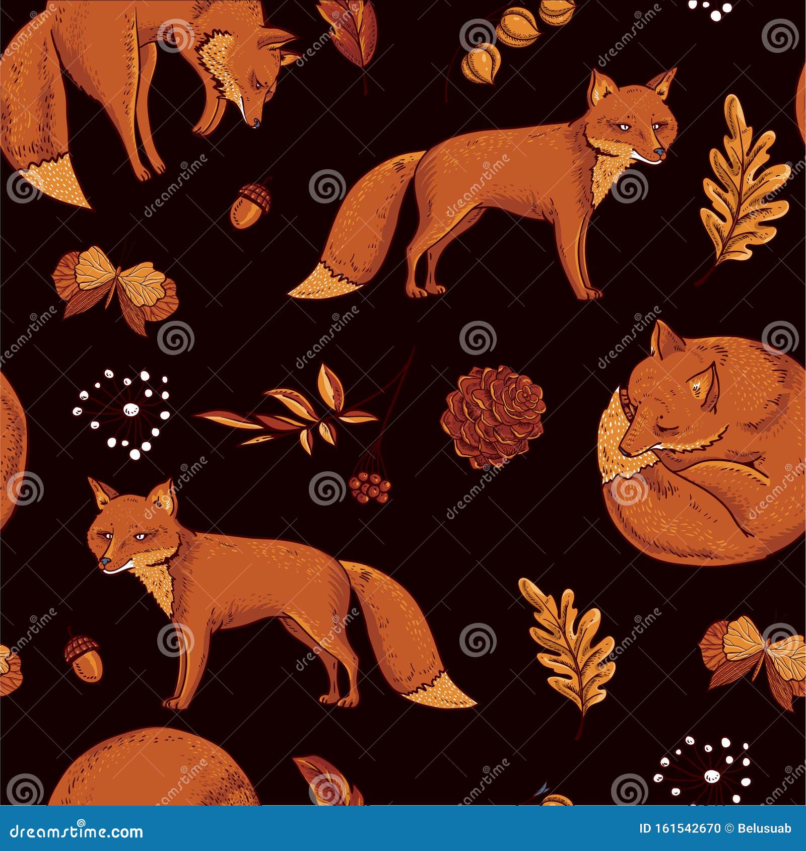 Red Fox Seamless Pattern, Autumn Orange Leaves. Vector Vintage Hand ...