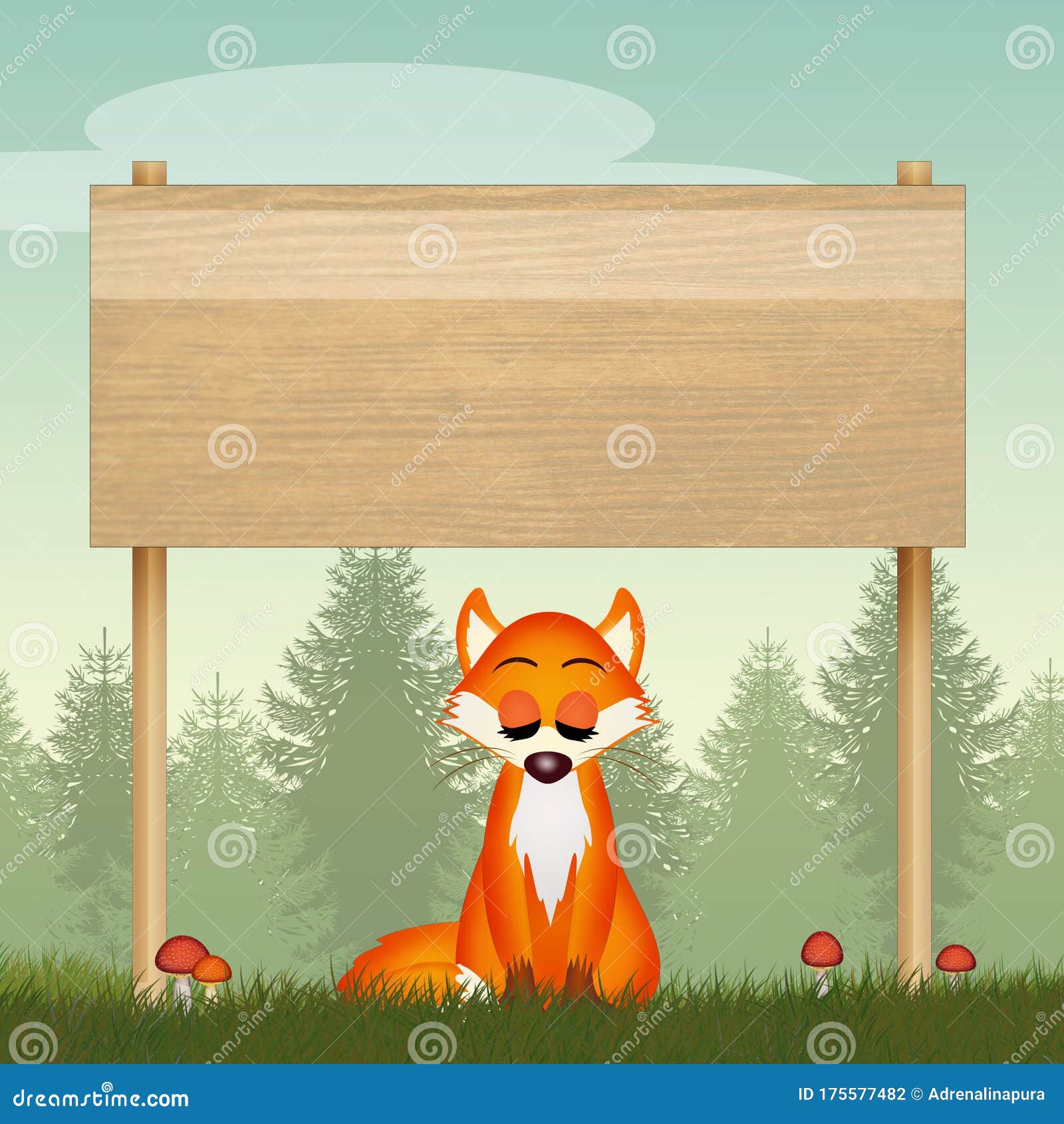 Red Fox and Sign in the Woods Stock Illustration - Illustration of sign ...