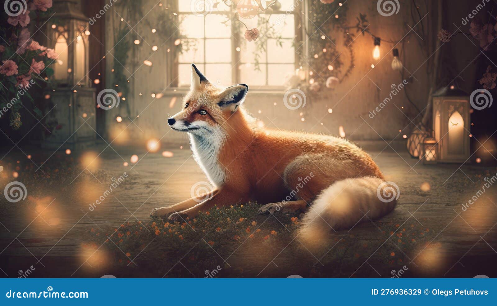A Red Fox Sitting on the Ground in Front of a Window with a Light ...