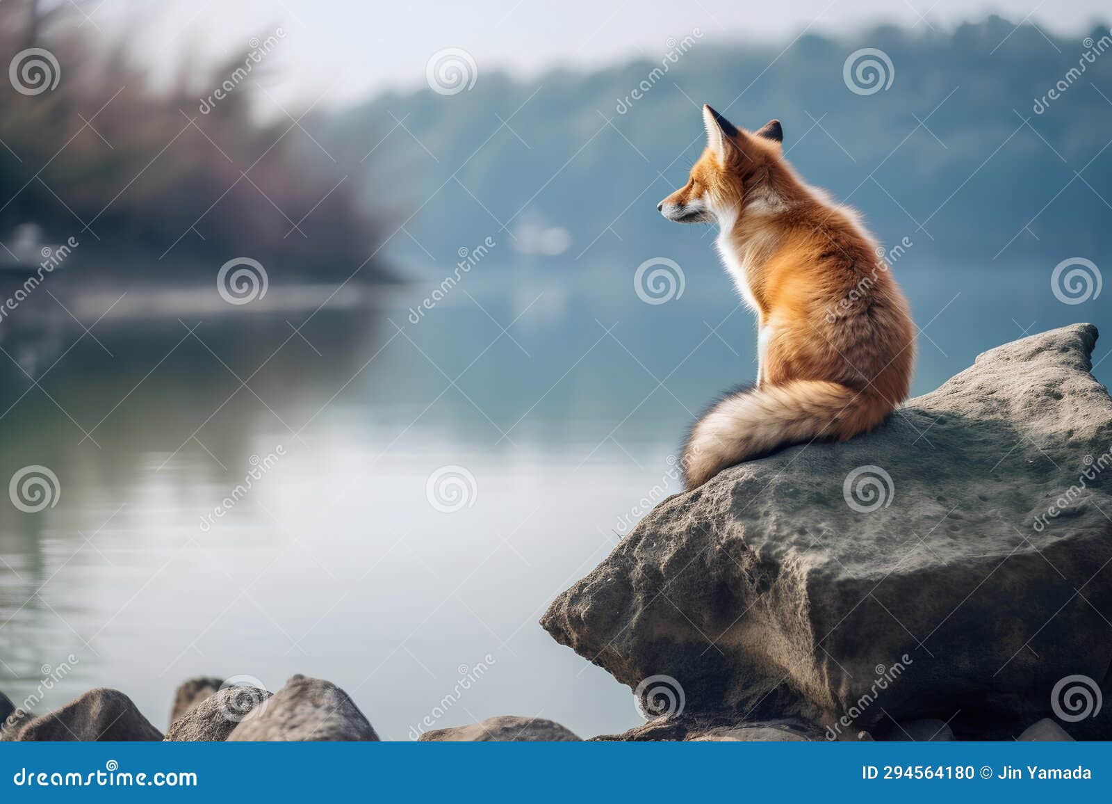 Red Fox Sitting on a Rock at the Edge of a Lake. Stock Illustration ...