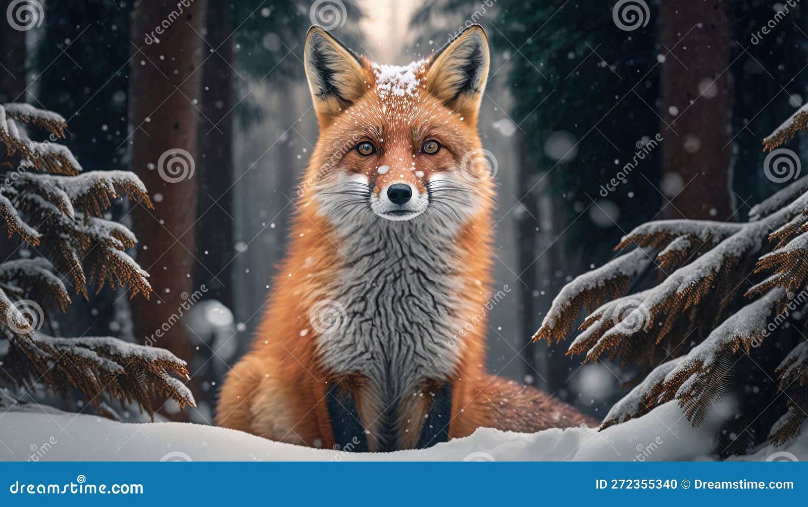 A Red Fox Sitting in the Snow in a Forest with Pine Trees Stock ...