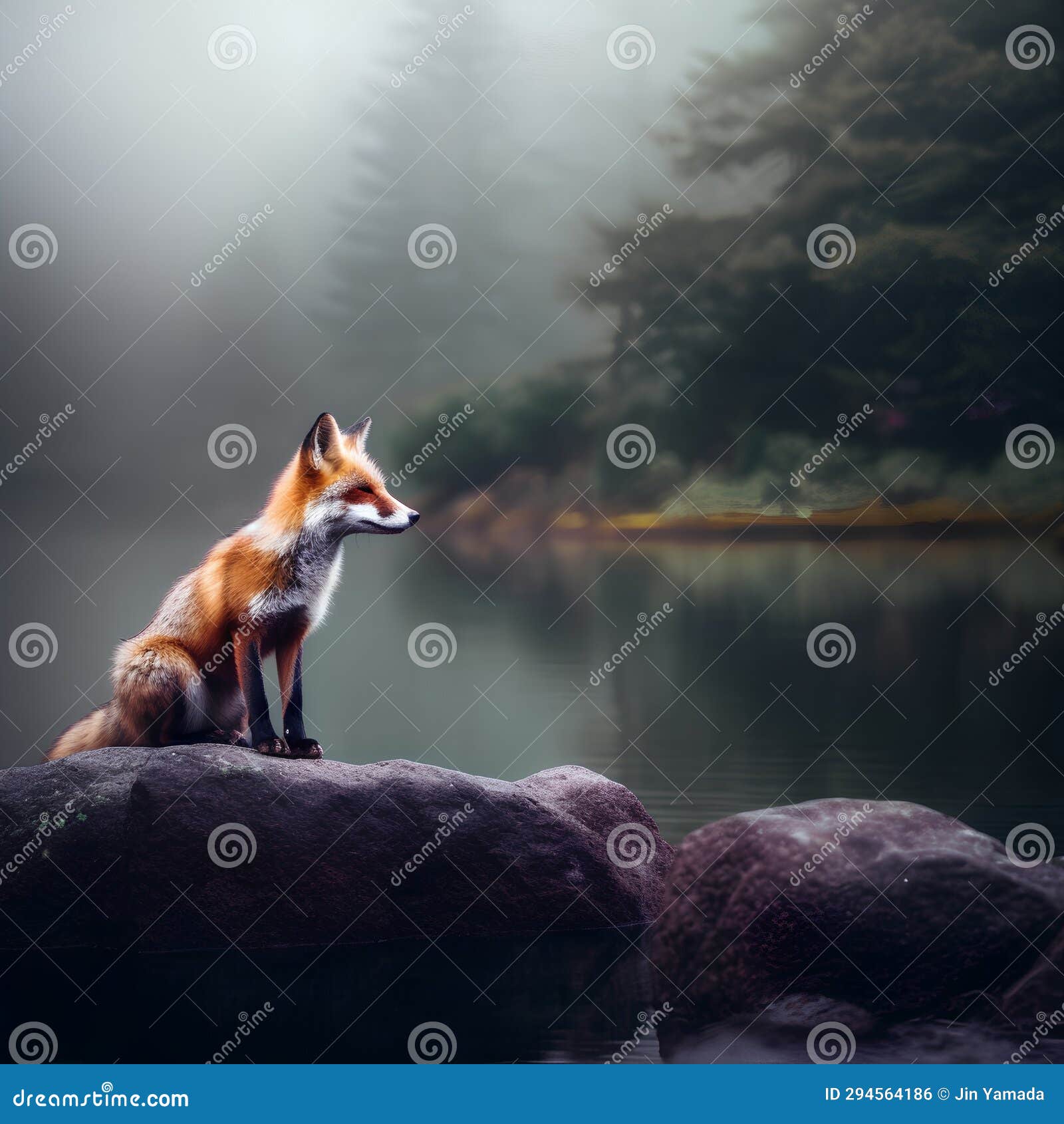 Red Fox Sitting on a Stone by the Lake in the Fog. Stock Illustration ...