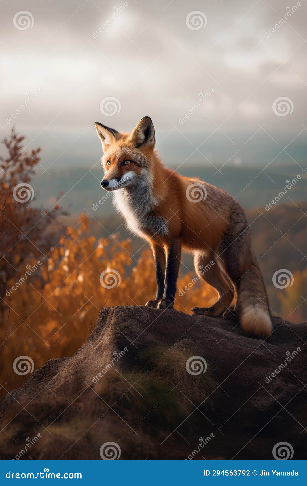 Red Fox Sitting on Top of a Cliff in the Autumn Forest. Stock ...
