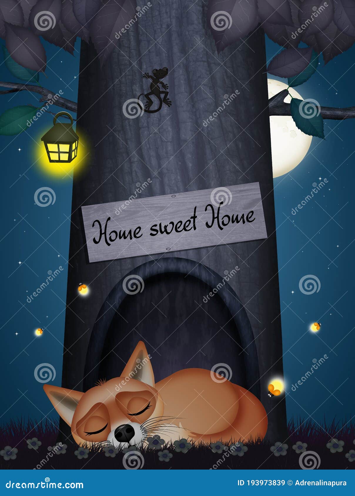 Red Fox Sleeping in the Den in the Moonlight Stock Illustration ...