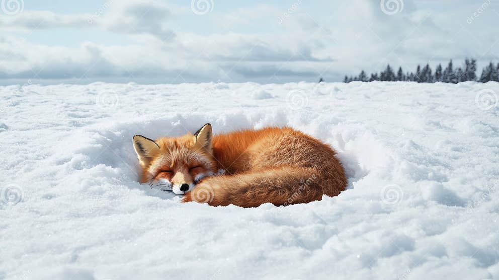 Red Fox Sleeping in the Snow Stock Illustration - Illustration of ...