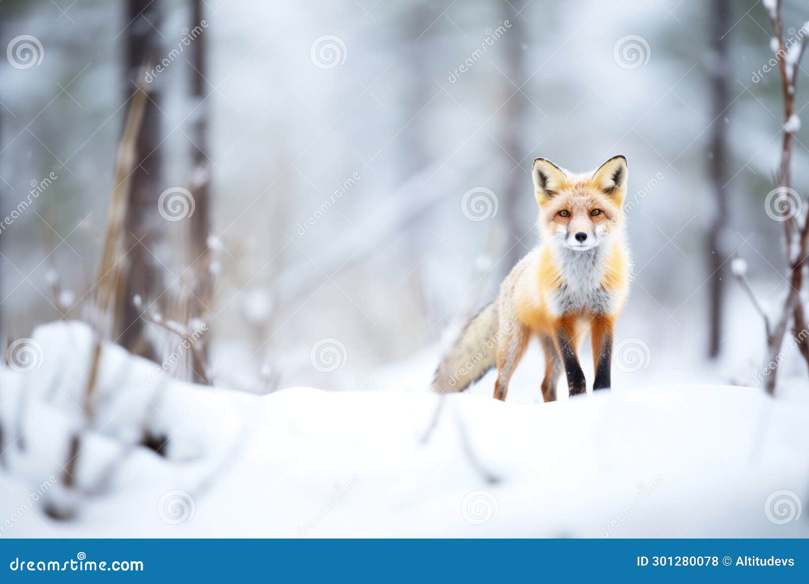 Red Fox Standing Alert in a Snowy Forest Clearing Stock Illustration ...
