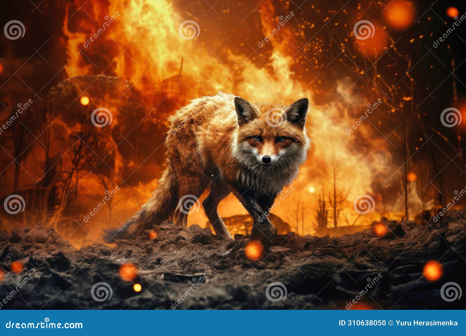 A Red Fox is Standing in Front of a Fire in a Forest, Symbolizing the ...