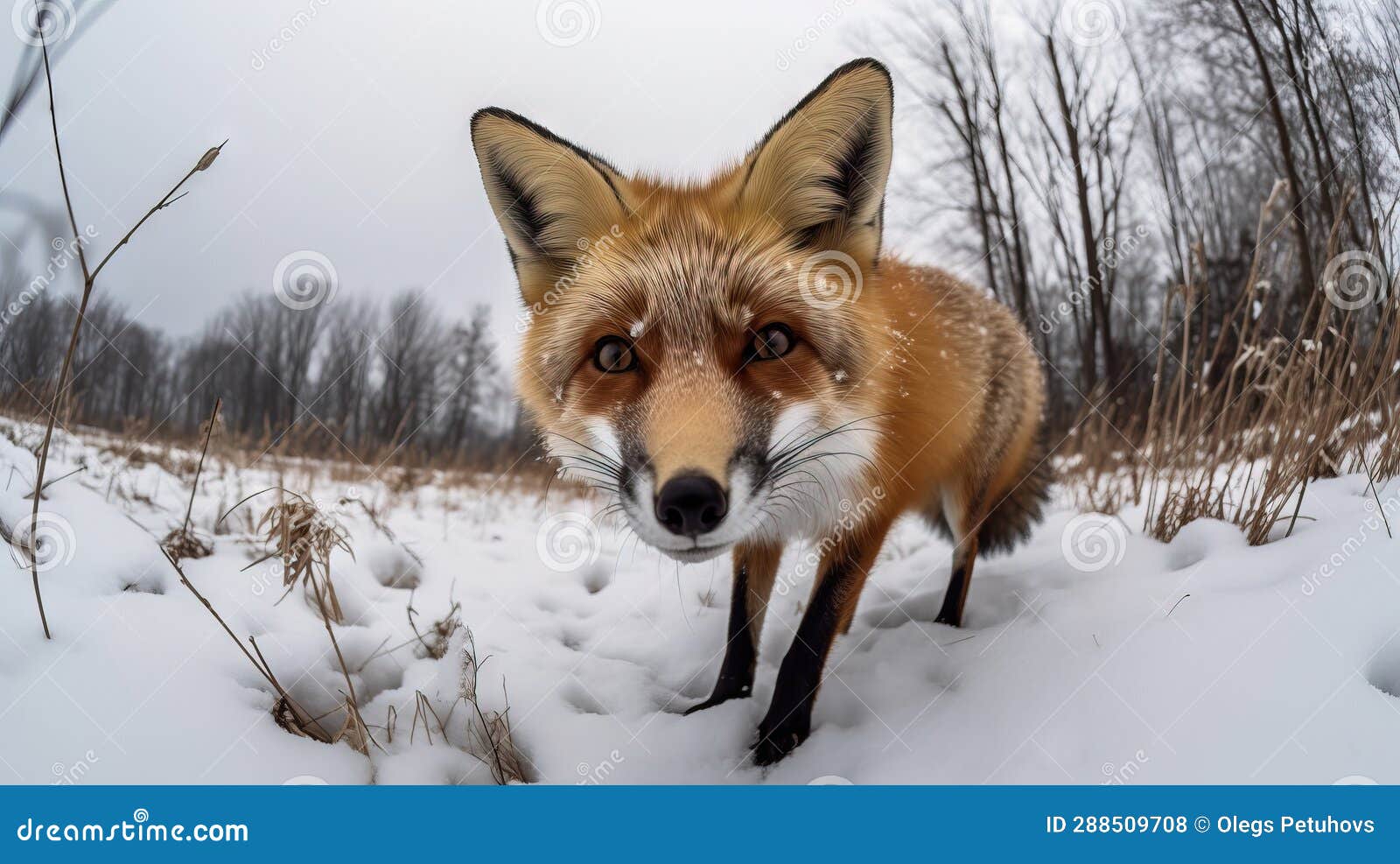 A Red Fox Standing in the Snow Looking at the Camera with a Sad Look on ...