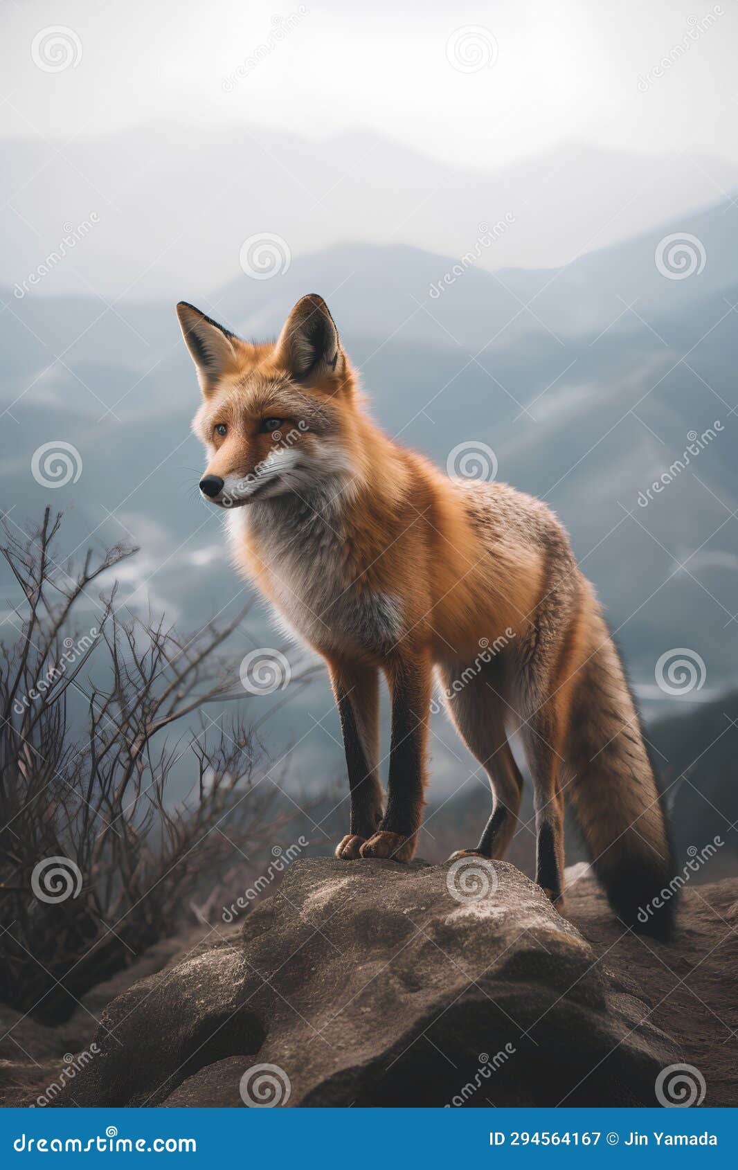 Red Fox Standing on Top of a Cliff in the Mountains and Looking into ...