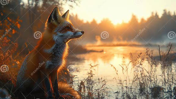 Red Fox at Sunset by the River Stock Illustration - Illustration of ...