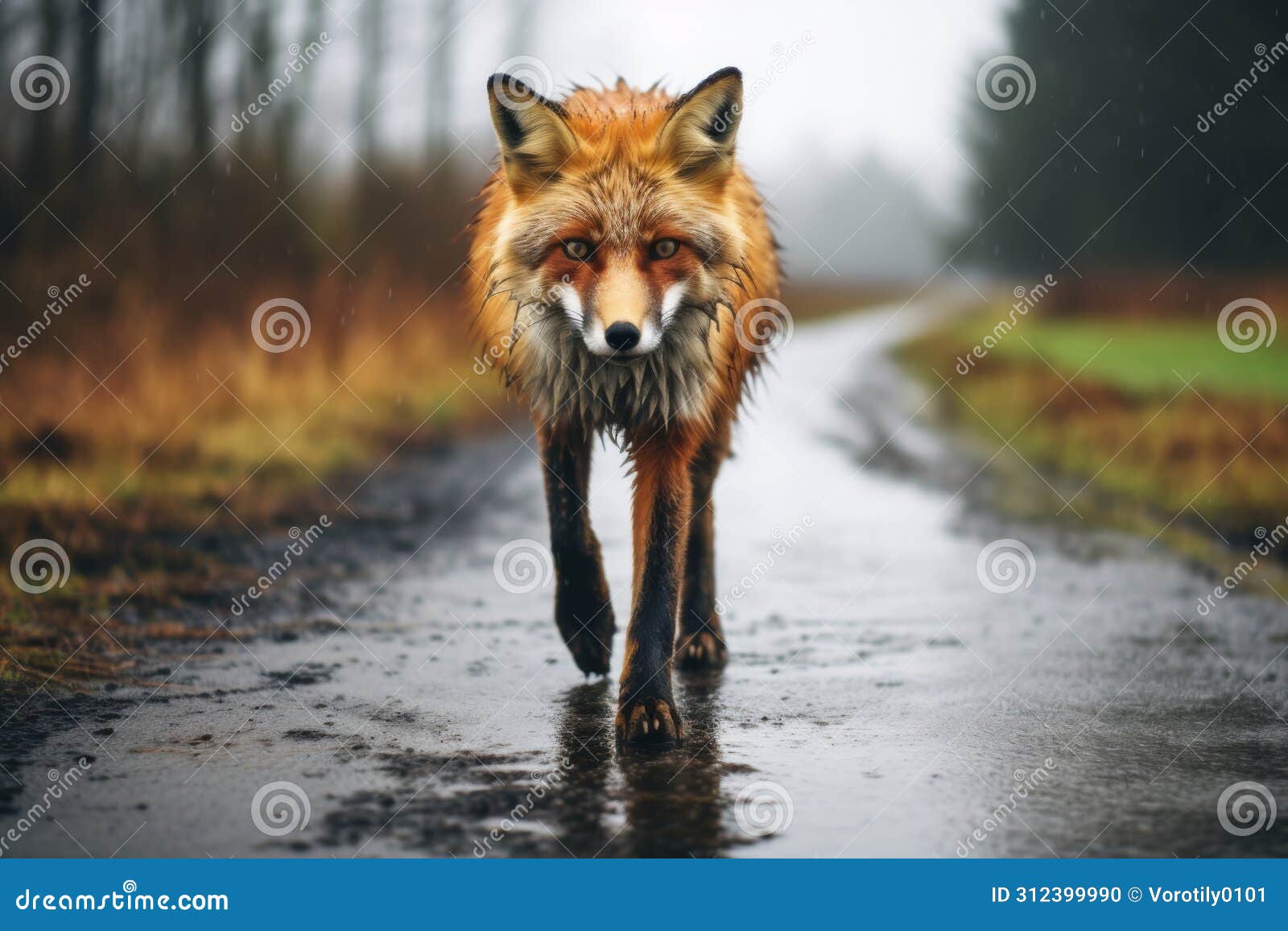 A Red Fox Walking on a Wet Road. a Wet Fox Walks Down the Road in the ...