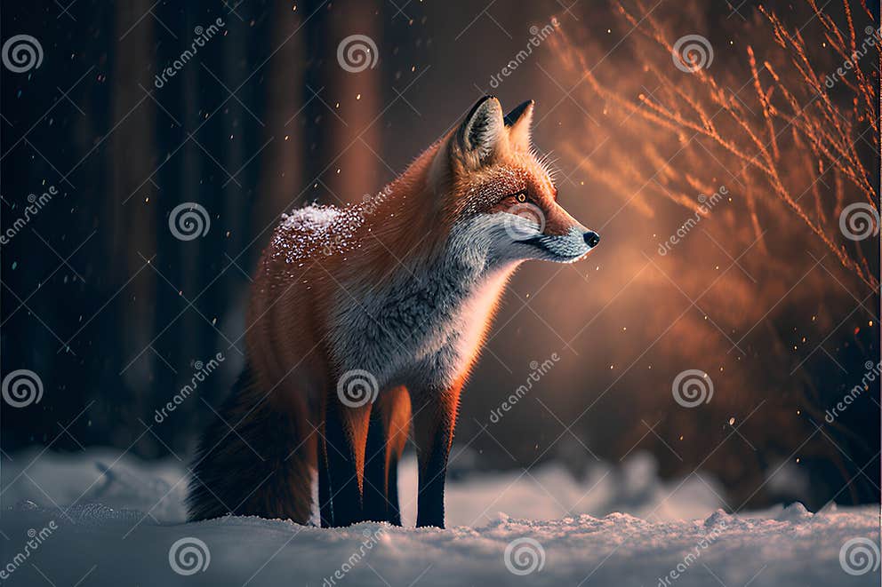 Red Fox in the Winter Forest with Falling Snow. 3d Render Stock Image ...