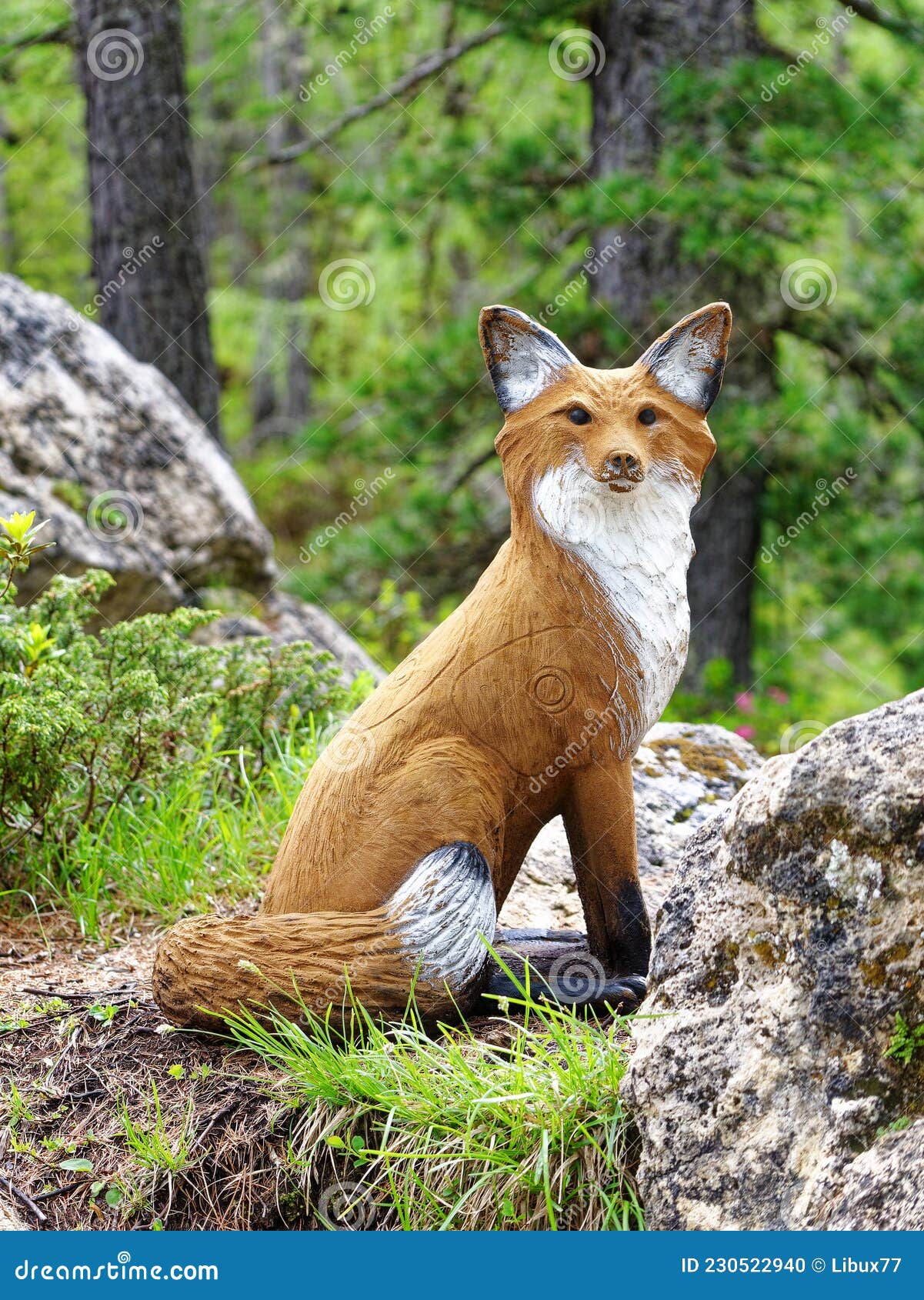 Red Fox Wooden Statue in the Forest Stock Photo - Image of statue ...