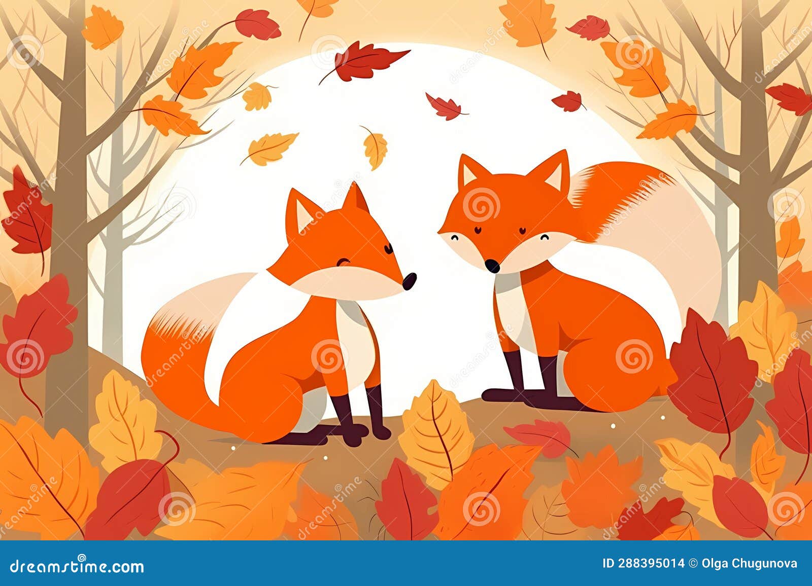 Red Foxes in the Autumn Forest, Autumn, Cartoon Illustration Stock ...