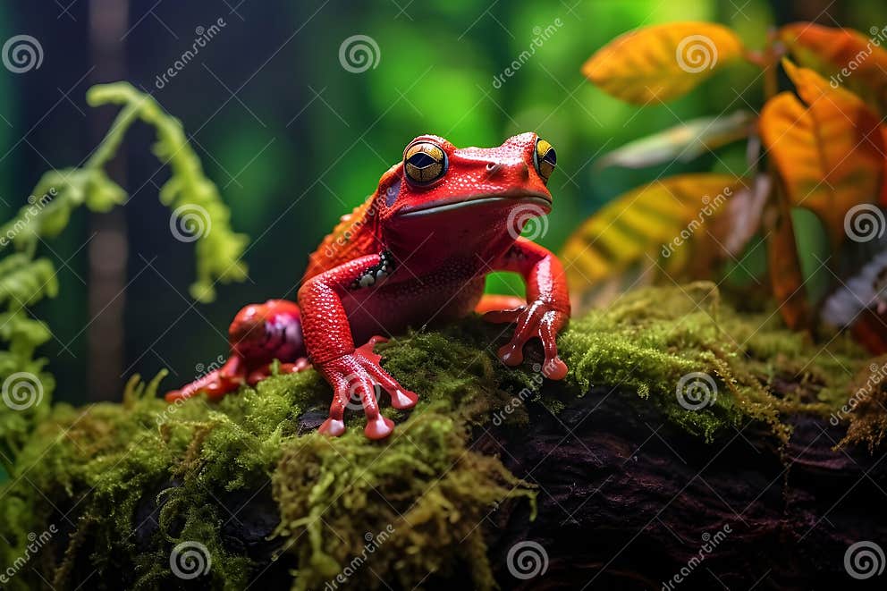 A Red Frog Rest on a Mossy Log in a Natural Setting Stock Illustration ...