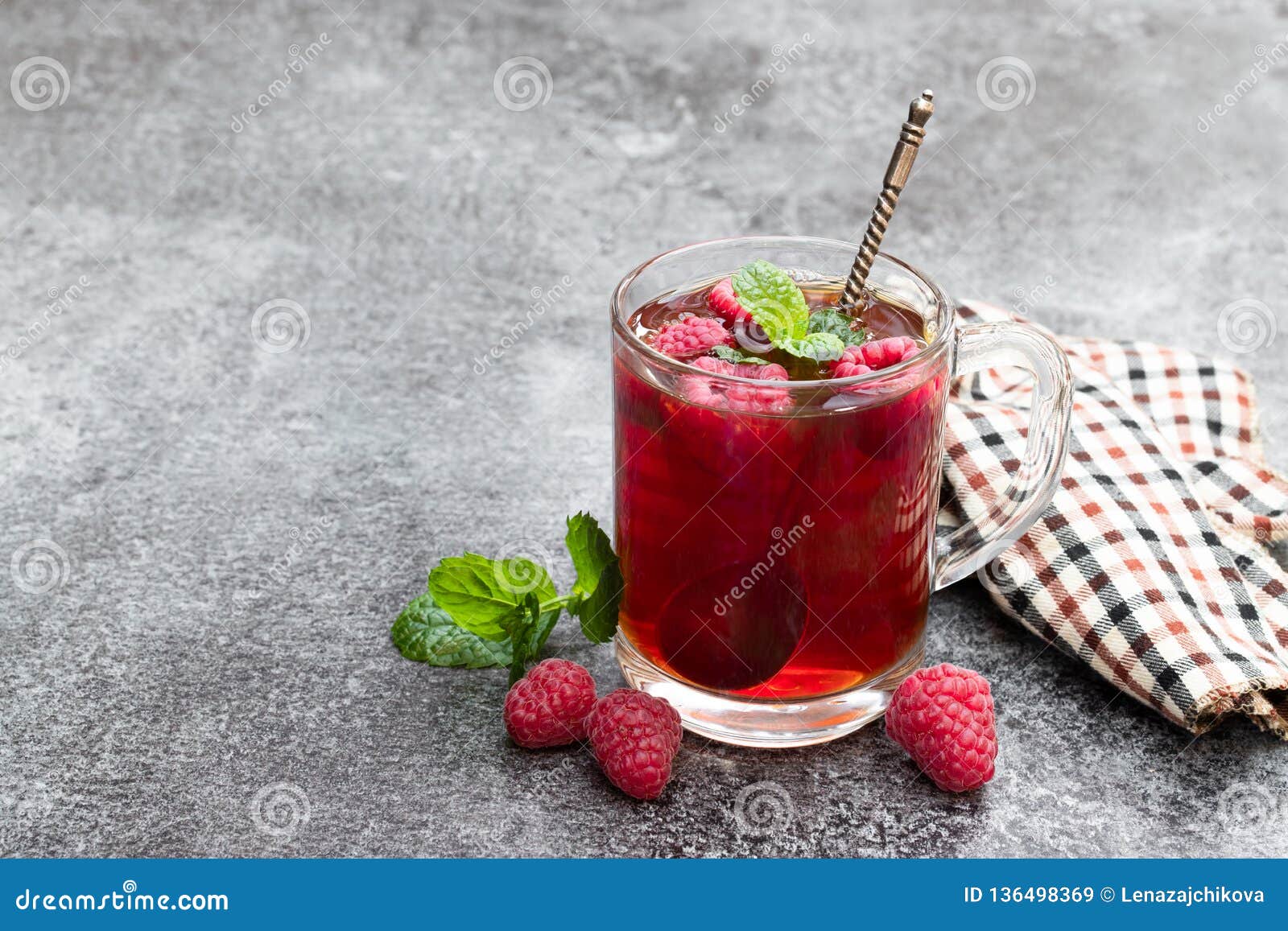 Red Fruit Tea with Raspberry and Mint on Gray Table Stock Image - Image ...