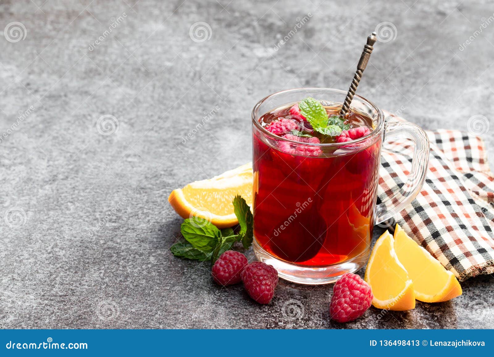 Red Fruit Tea with Raspberry and Orange on Gray Table Stock Image ...