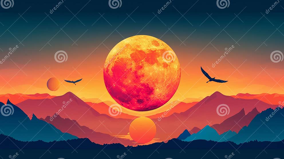 Red Full Moon Over Mountain Range and Flying Birds Stock Illustration ...