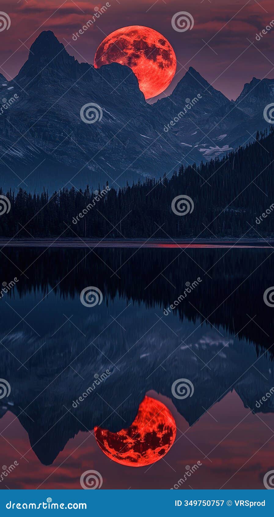 Red Full Moon Over Mountain Range with Lake Reflection at Night Stock ...