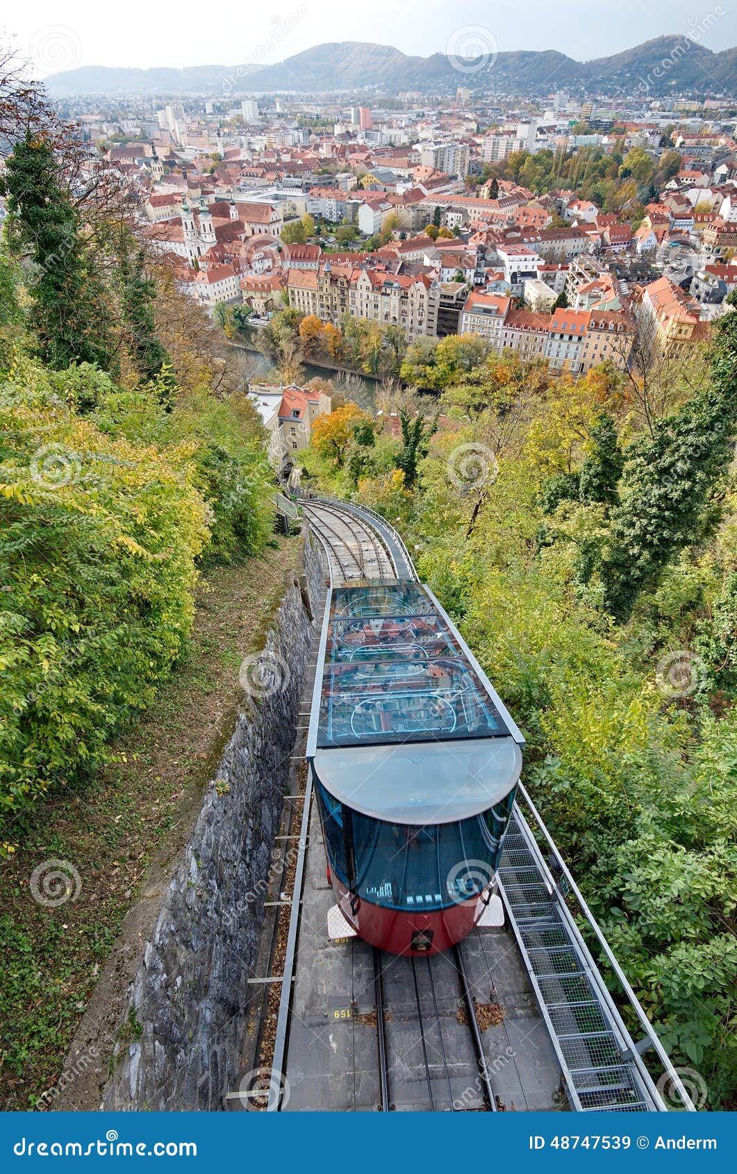 Red funicular in Graz stock image. Image of tree, cable - 48747539