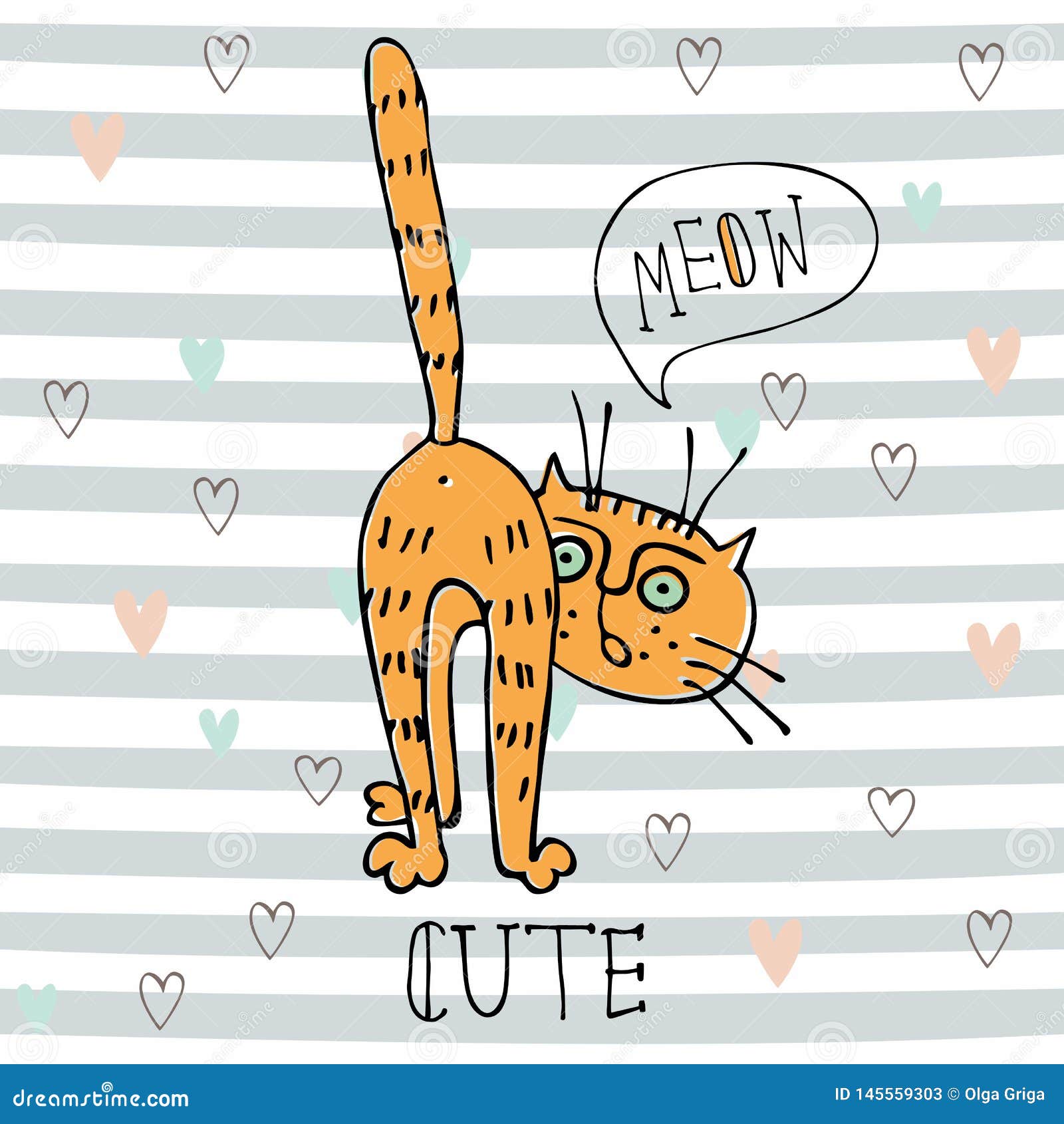 Red Funny Cat in Cute Style on Striped Background. Vector Stock Vector ...