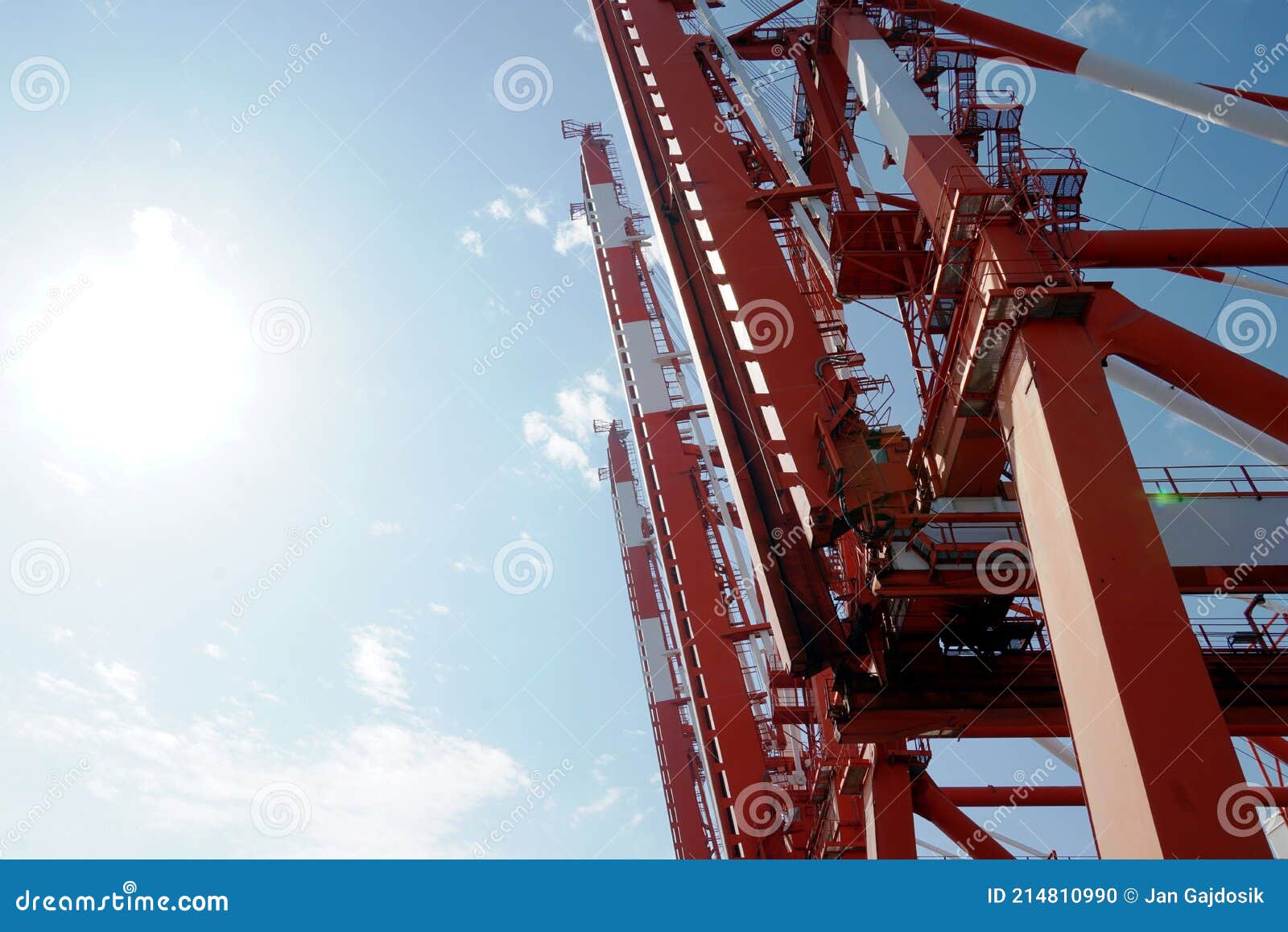 Red Gantry Cranes with White Stripes in Vertical Position in Container ...