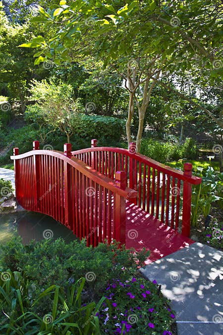 Red Garden Bridge stock image. Image of walking, flowers - 19400993