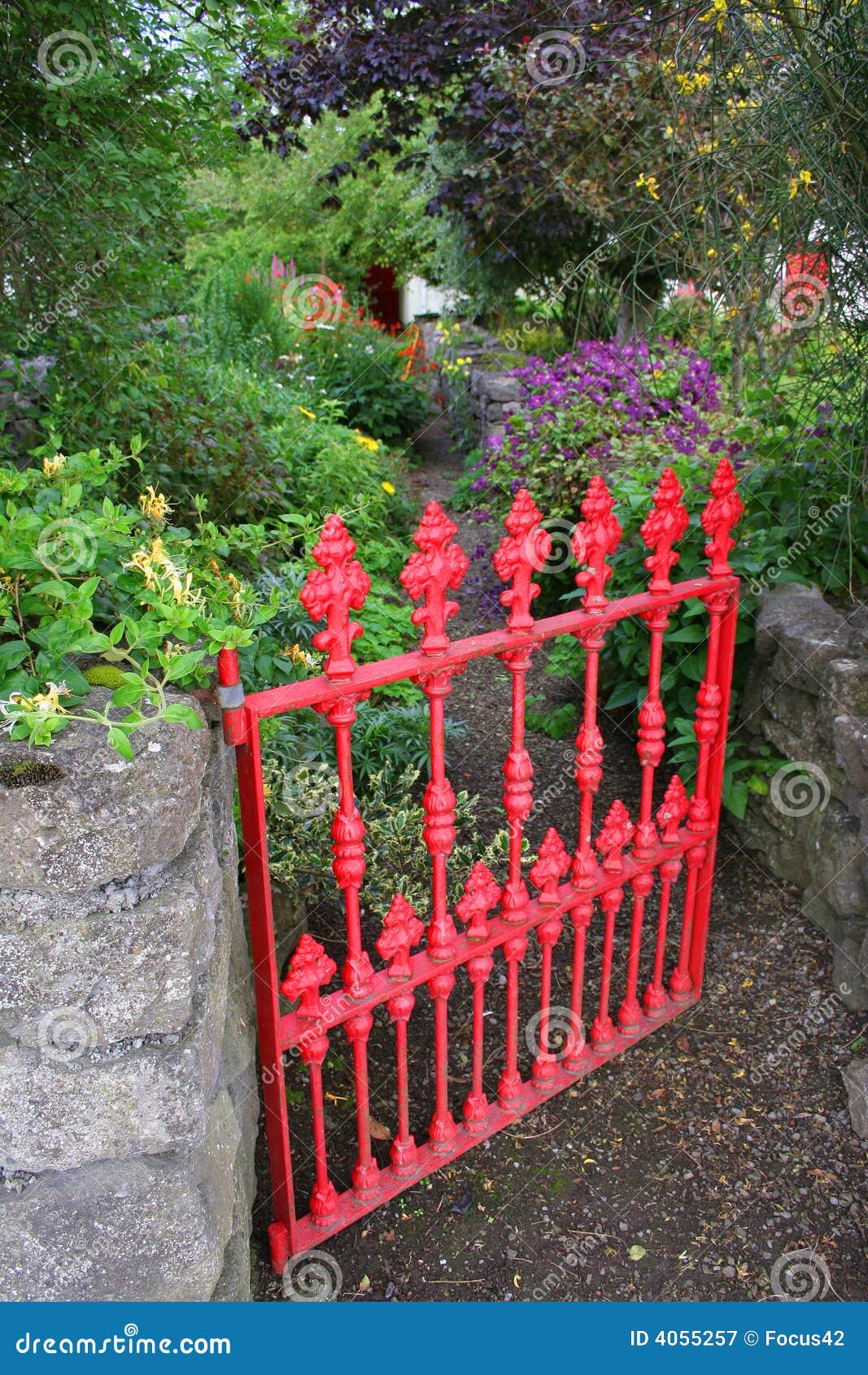 Red garden gate stock image. Image of outdoor, stone, green - 4055257