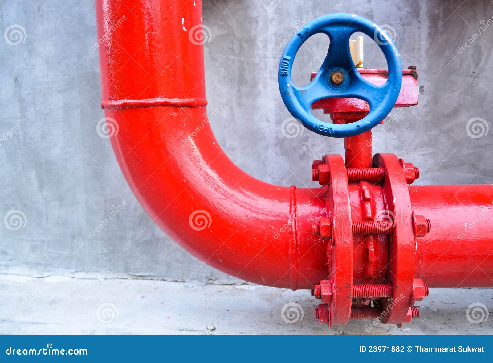 Two Big Blue Tap Or Valve Or Faucet On Water Pipe On Gray Industrial ...