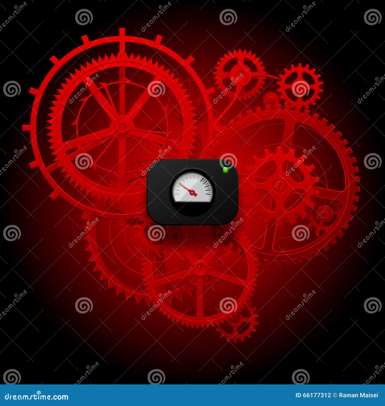 Red Gear Wheels of Clockwork with Circular Meter on Dark Red Background ...