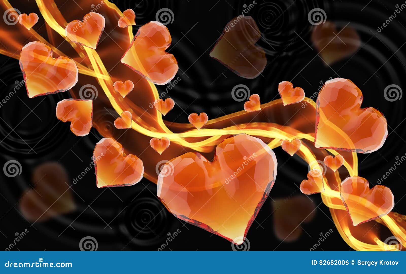 Red Gem Hearts Leading Fire Smoke Wave Isolated on Dark Background ...