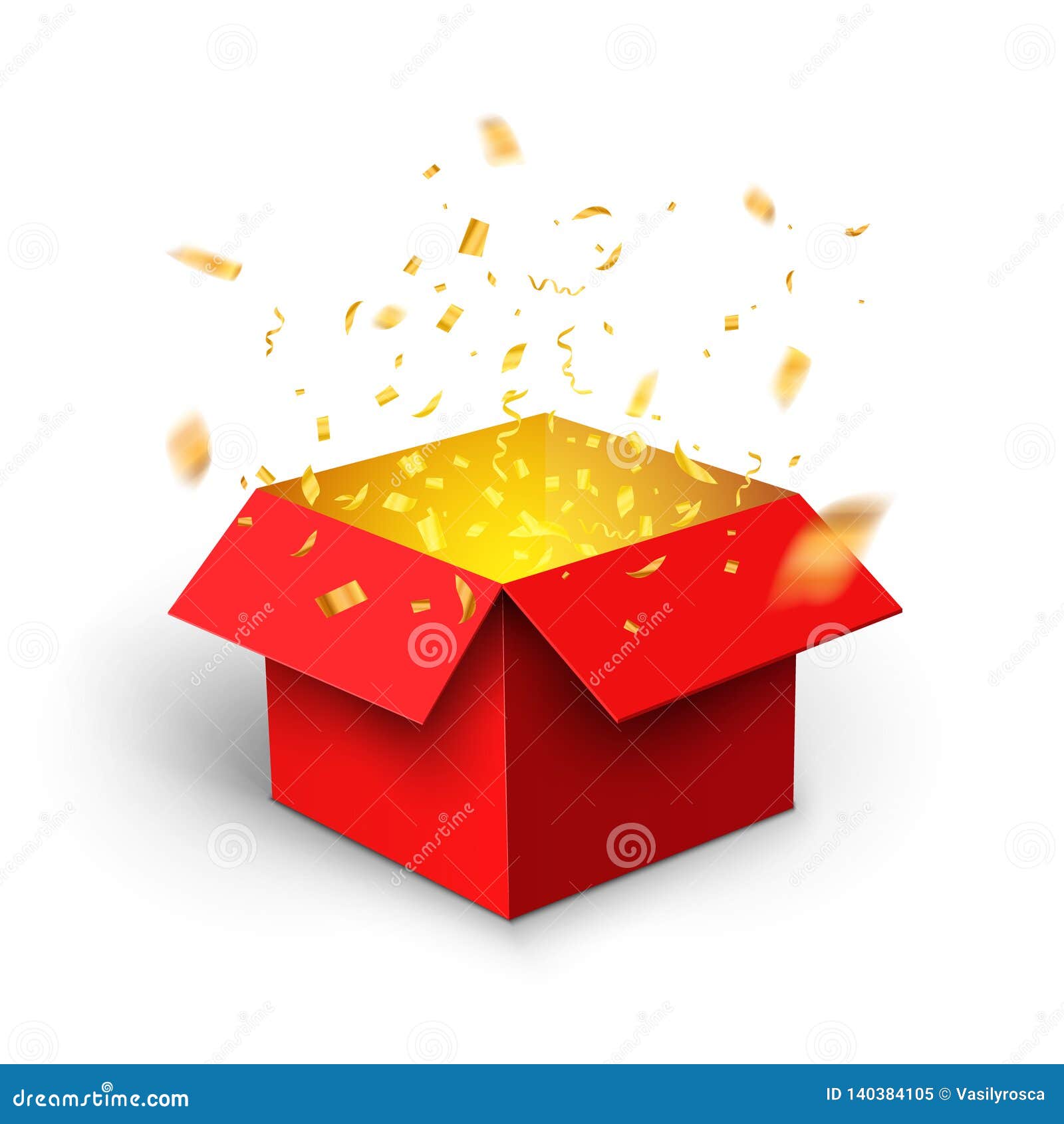 Red Gift Box Confetti Explosion. Magic Open Surprise Gift Box Package ...