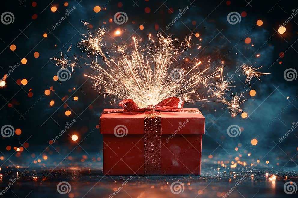 Red Gift Box Exploding with Festive Fireworks, Creating a Magical ...