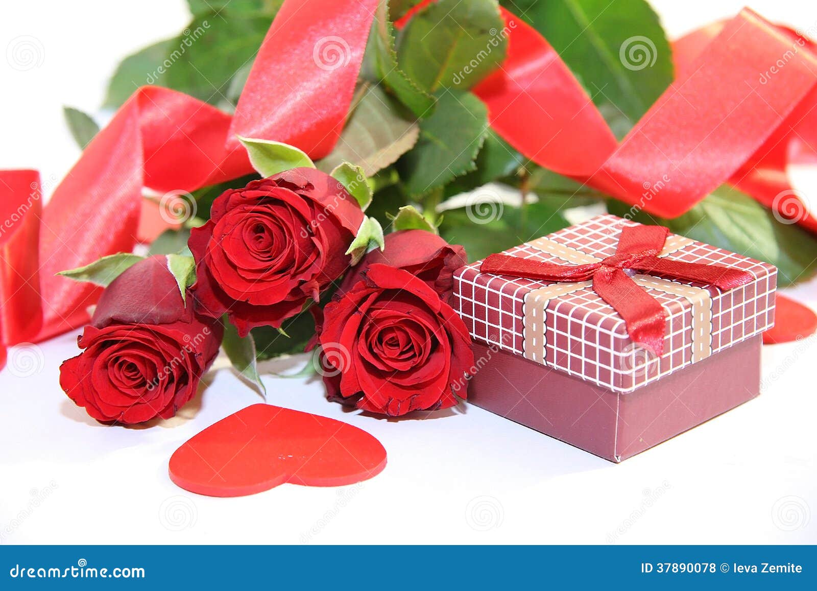 Red gift box and red roses stock photo. Image of border - 37890078