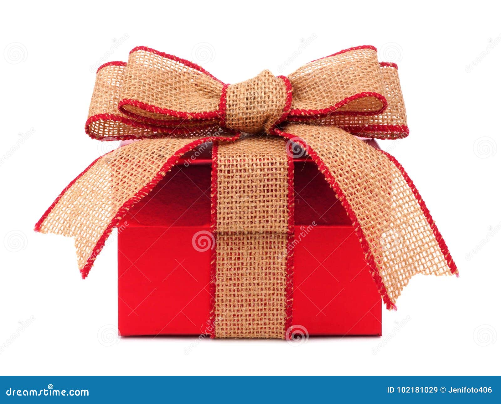 Red Gift Box with Rustic Burlap Bow and Ribbon Stock Image - Image of ...