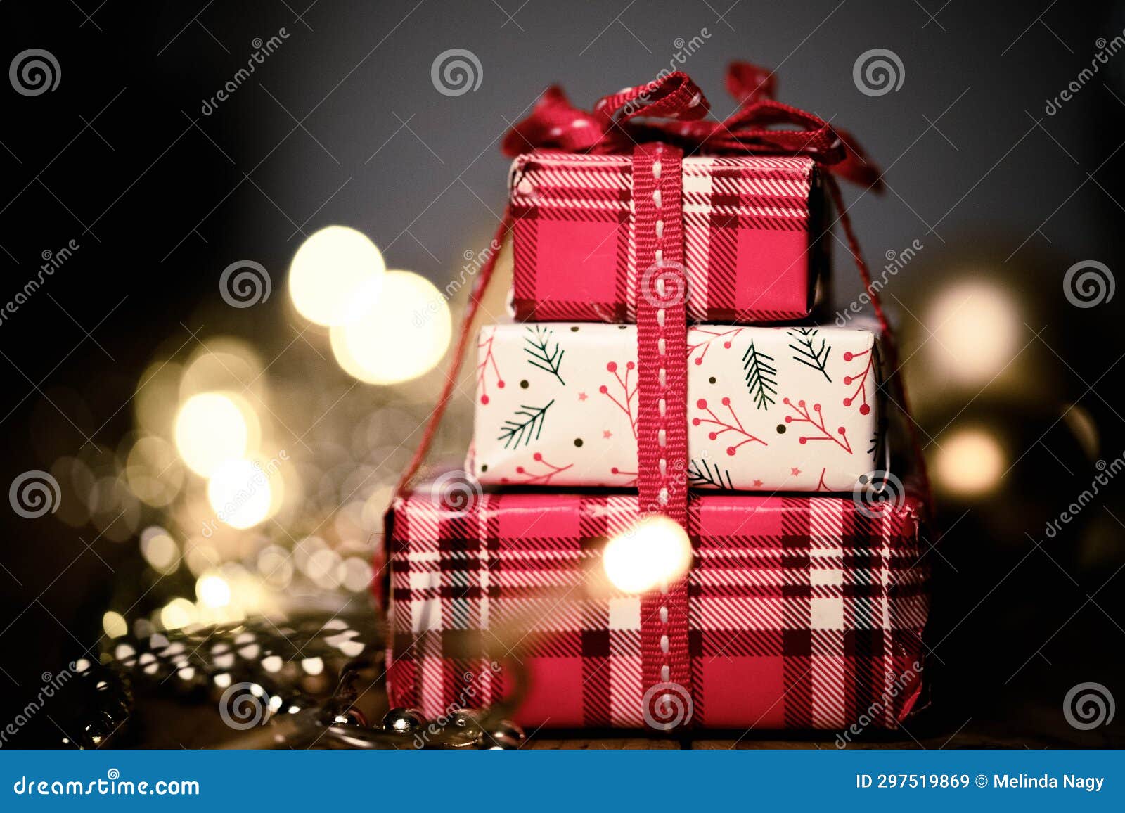 Red Gift Boxes and Holiday Christmas Lights Stock Image - Image of ...