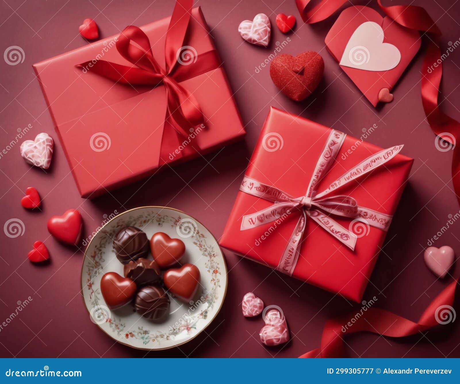 Red Gift Boxes Tied with Ribbons and Sweets in the Form of Hearts Stock ...