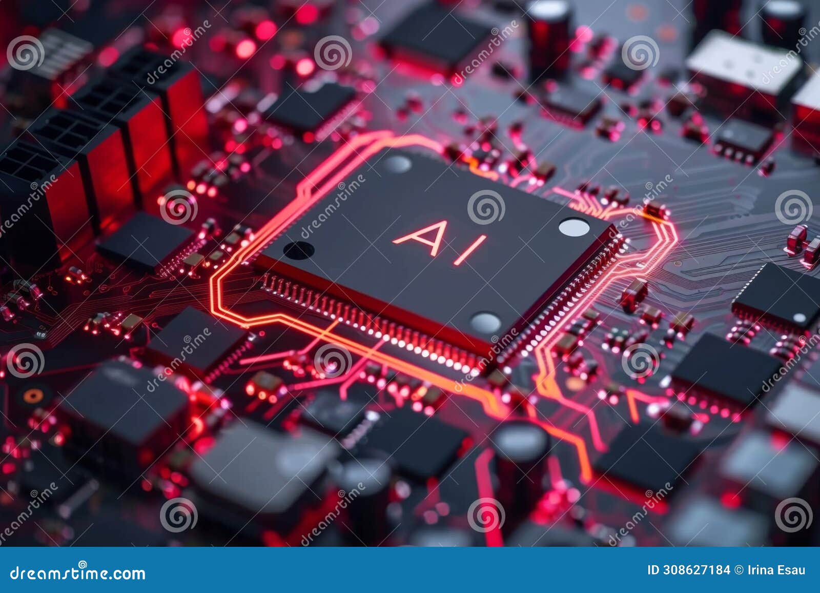 Red Glowing AI Microprocessor for Artificial Intelligence on Circuit ...