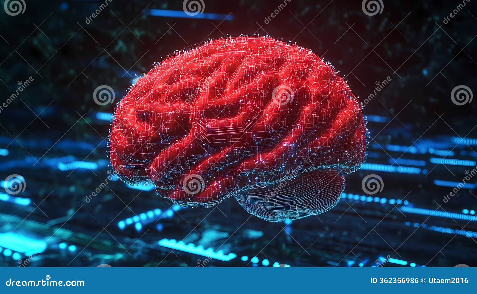 Red Glowing Artificial Intelligence Brain Processing Data on ...