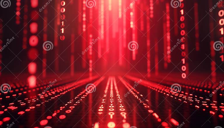 Red Glowing Binary Code Streams Down Futuristic Dark Space. Digital Data Flows in Dynamic ...