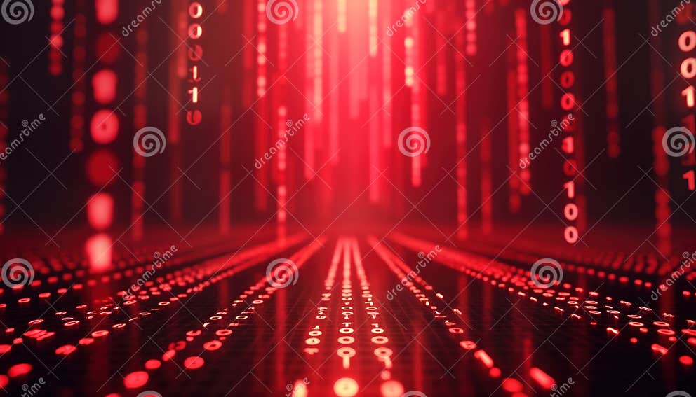 Red Glowing Binary Code Streams Down Futuristic Dark Space. Digital Data Flows in Dynamic ...