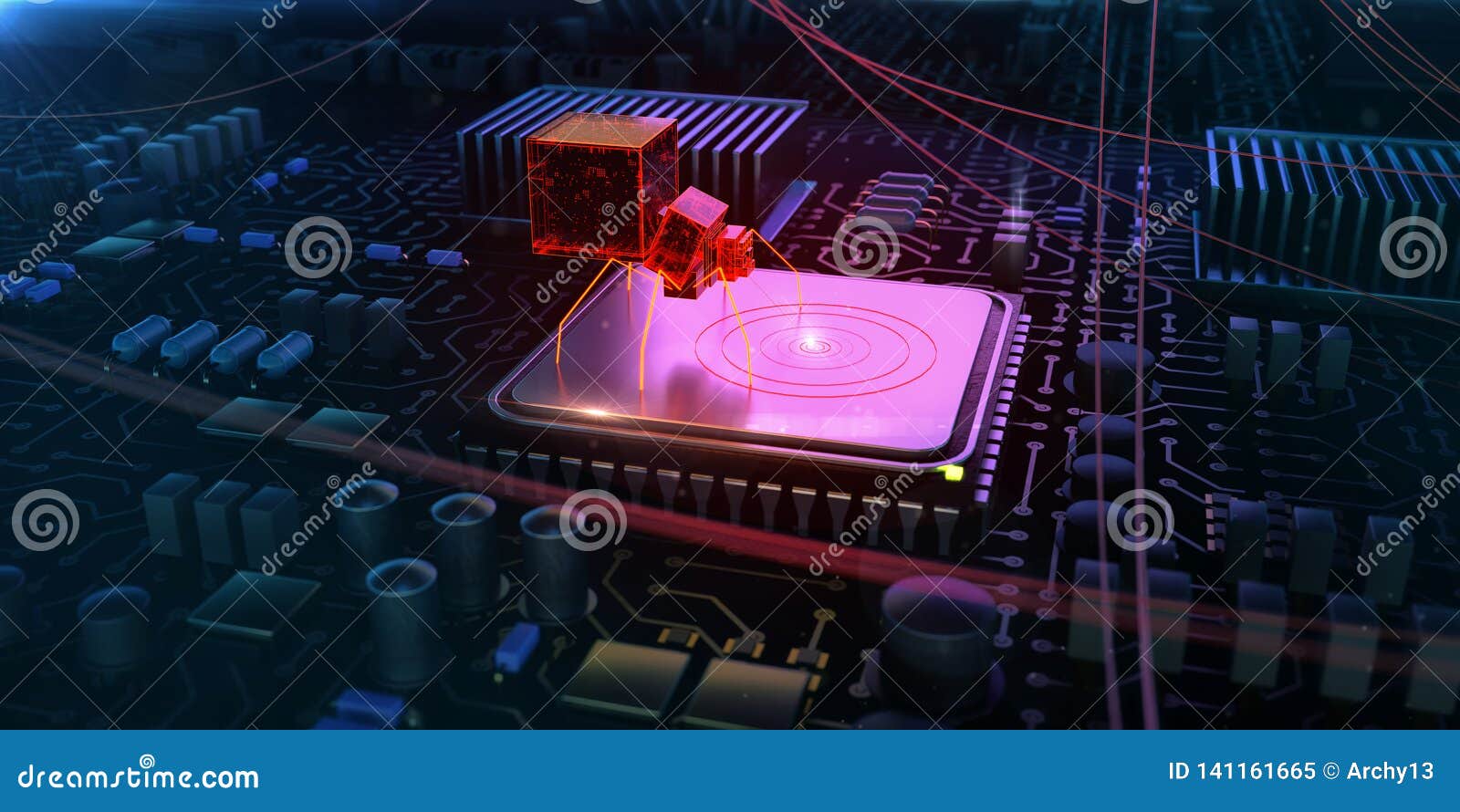 Red Glowing Compiter Bug on Infected Chip in Cyberspace 3d Redner ...