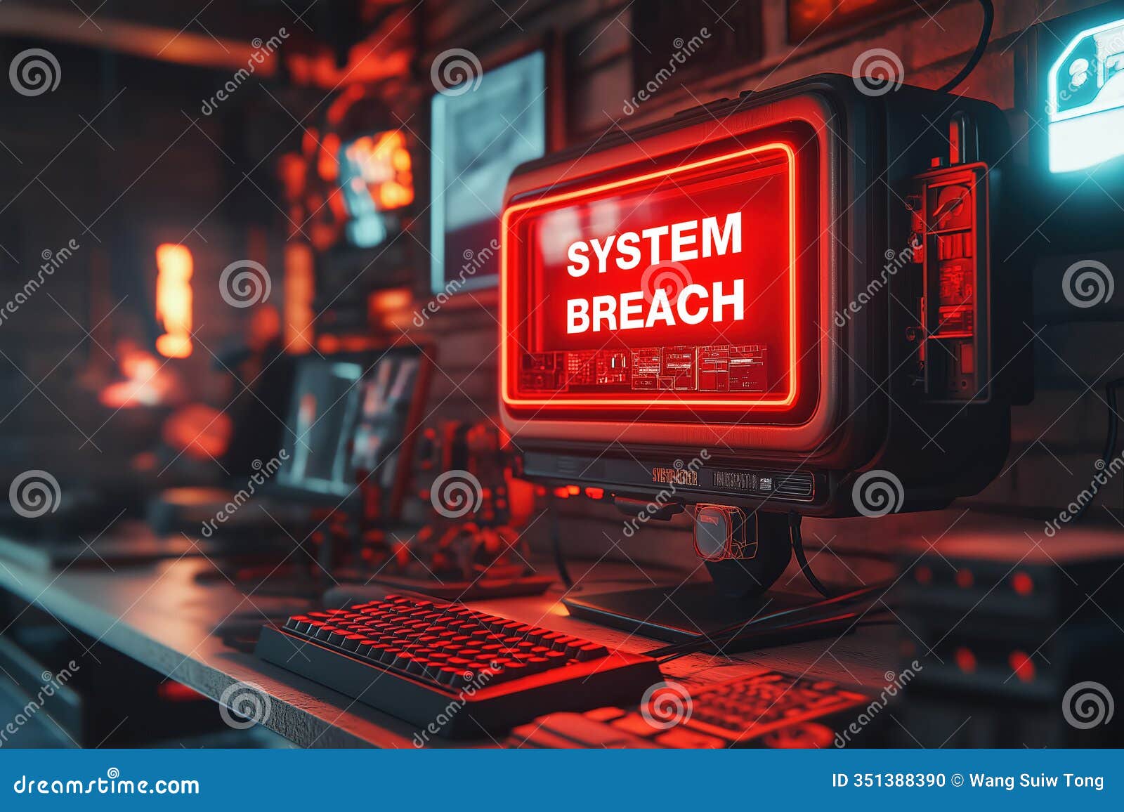 Red Glowing Computer Displays System Breach Alert in a Dimly Lit Cyber ...