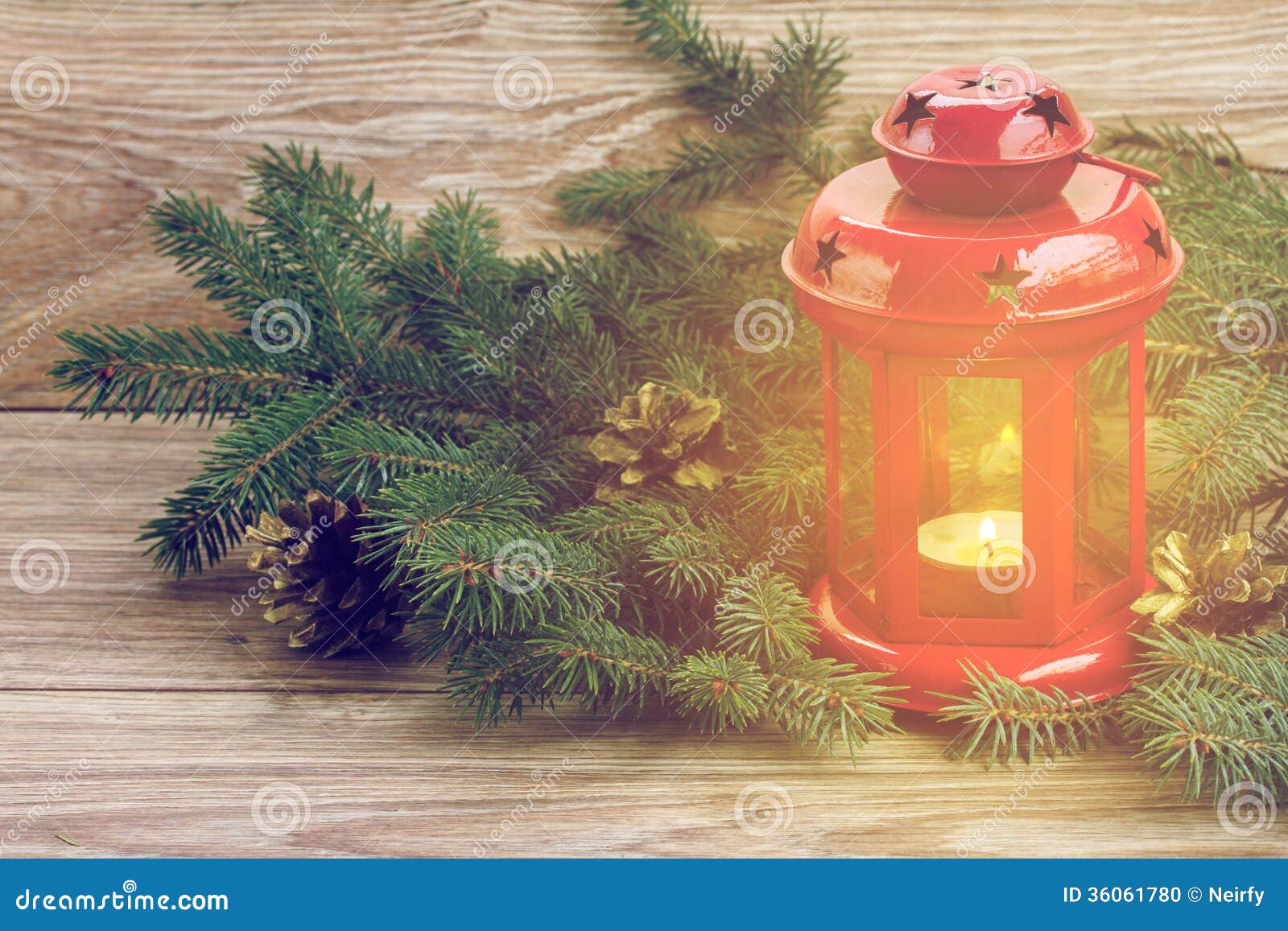 Red Glowing Lantern with Evergreen Tree Stock Photo - Image of season ...