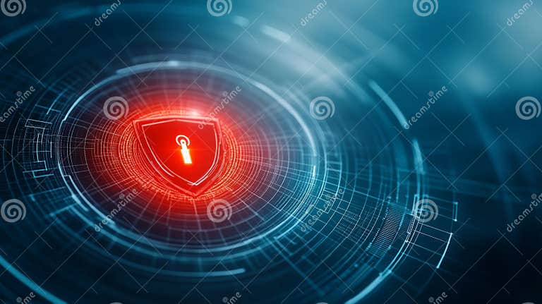 Red Glowing Lock Icon at the Center of a Circular Digital Grid ...