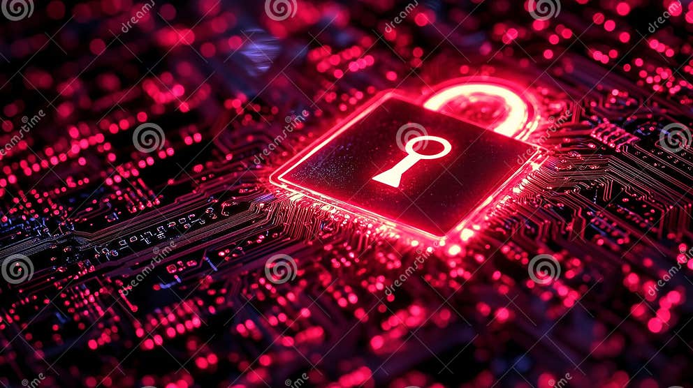 Red Glowing Padlock Symbol on Laptop Screen with Circuit Board Pattern ...