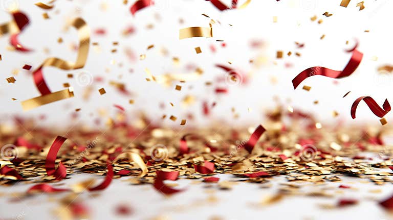 Red and Gold Confetti Falling on White Background Stock Illustration ...