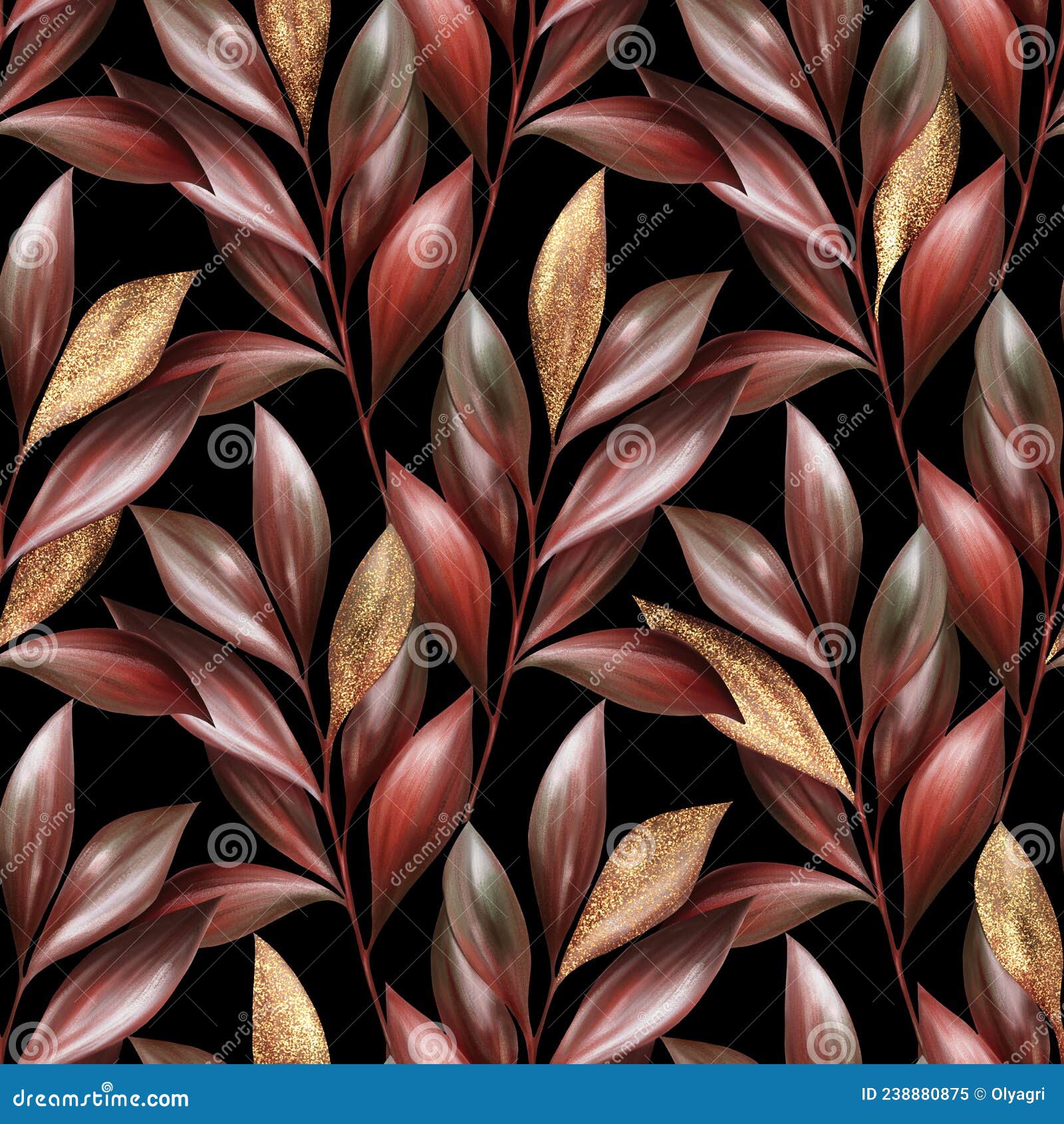 Red and Gold Leaves Seamless Pattern on Black Background. Stock ...