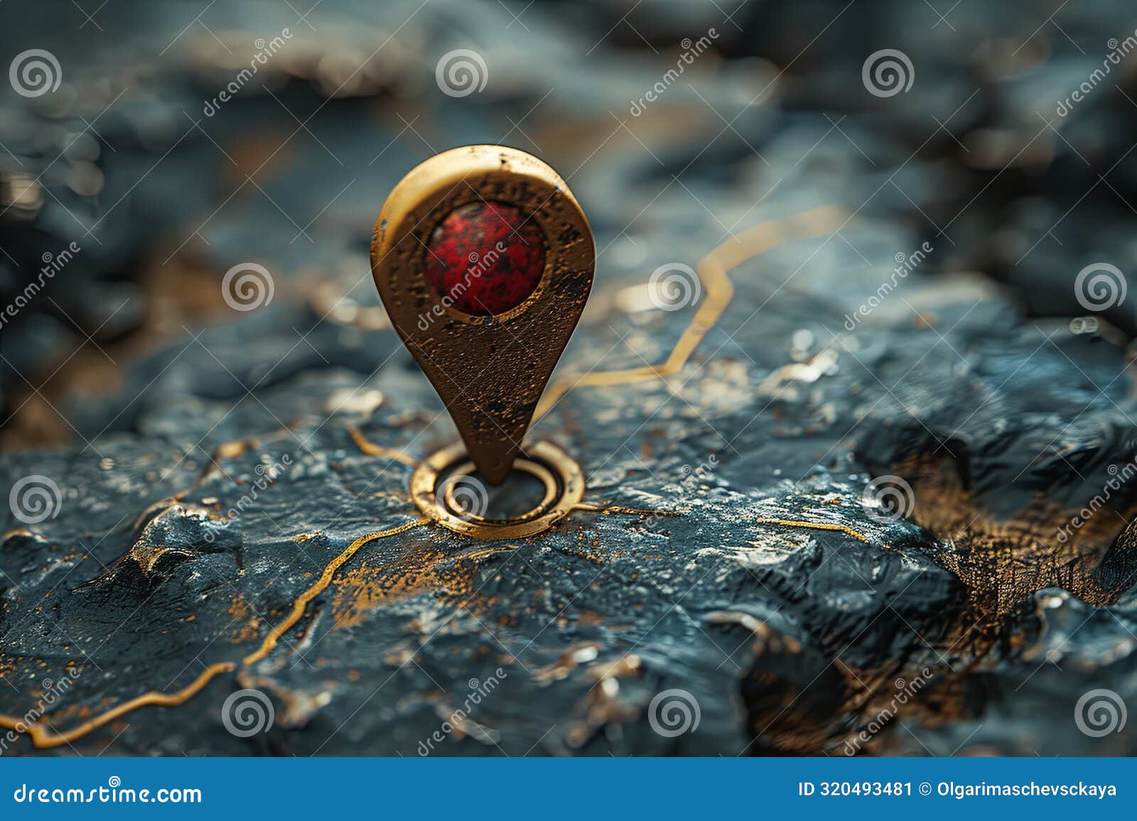Red and Gold Pin is Located on the Mountain Surface. Indicates the ...