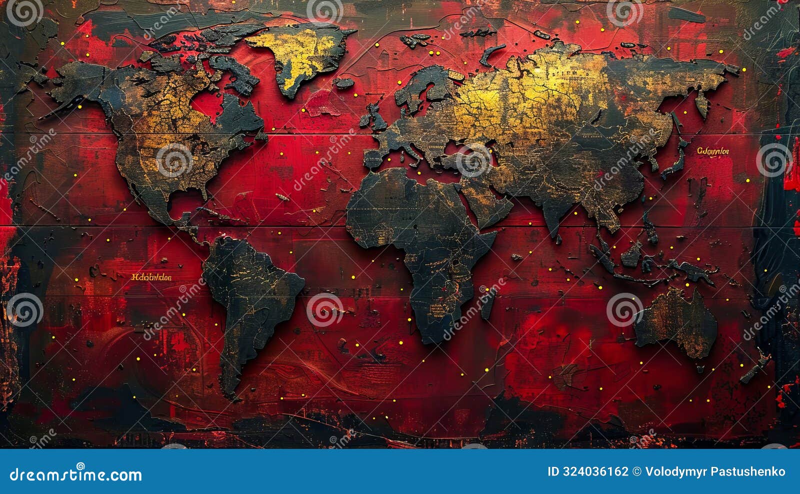 A Red and Gold World Map on a Wall Stock Photo - Image of arts ...